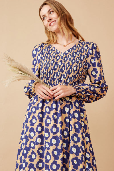 Womens Textured Floral Print Smocked Bodice Cuffed Dress – HLA WS