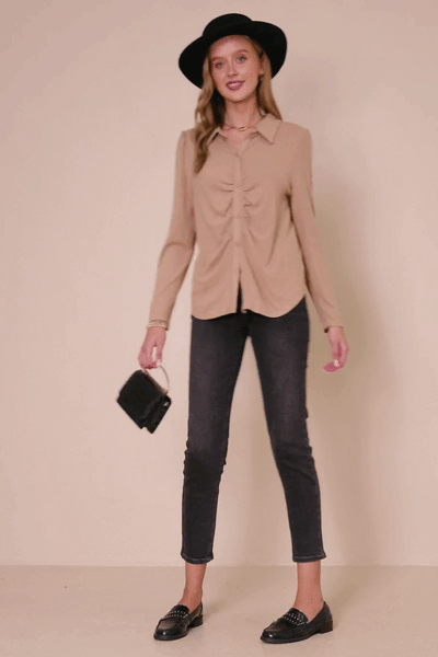 Womens Gathered Front Button Up Knit Shirt – HLA WS